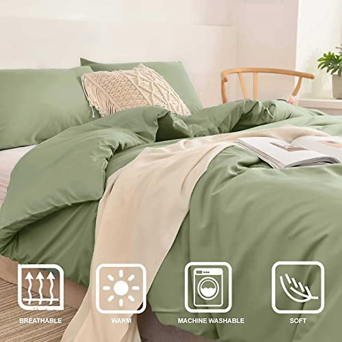 Nanko Queen Duvet Cover Set Sage Green Light Green 3pc 90x90 Luxury Microfiber Comforter Quilt Bedding Cover with Deco Buttons Zip Closure Ties - Modern Elegant Style for Men and Women Chambray Teen