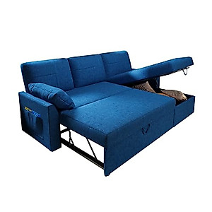 VanAcc Sofa Bed, Sleeper Sofa with Storage Chaise- 2 in 1 Pull Out Couch Sofa for Home Office, Living Room, Comfy Sofa Sleeper, Blue Linen Couch