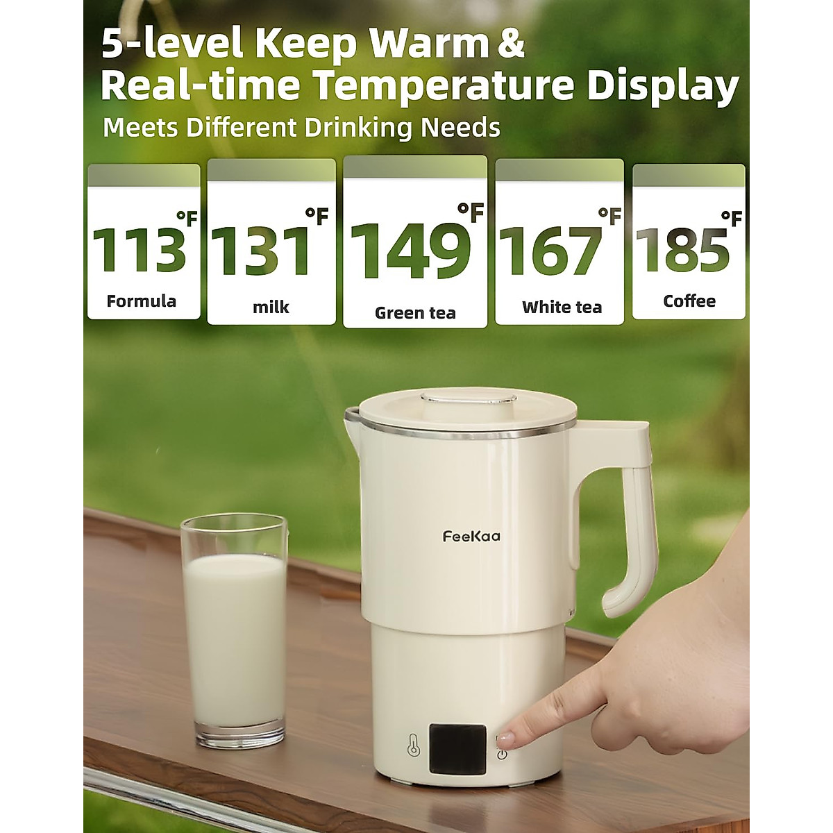 FeeKaa Travel Electric Kettle, Portable Foldable Kettle, 304 Stainless Steel, Small Electric Kettle for Boiling Water with Temperature Control, Tea Kettle for Coffee & Tea, Home & Outdoor, 600ml 600W