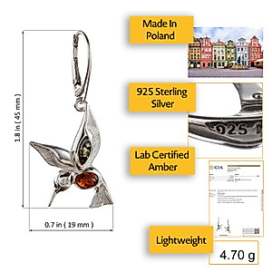 GIA Certified Sterling Silver and Baltic Amber French Leverback Earrings Hummingbirds