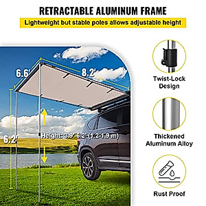 VEVOR Car Side Awning, 6.6'x8.2', Pull-Out Retractable Vehicle Awning Waterproof UV50+, Telescoping Poles Trailer Sunshade Rooftop Tent w/Carry Bag for Jeep/SUV/Truck/Van Outdoor Camping Travel, Sand