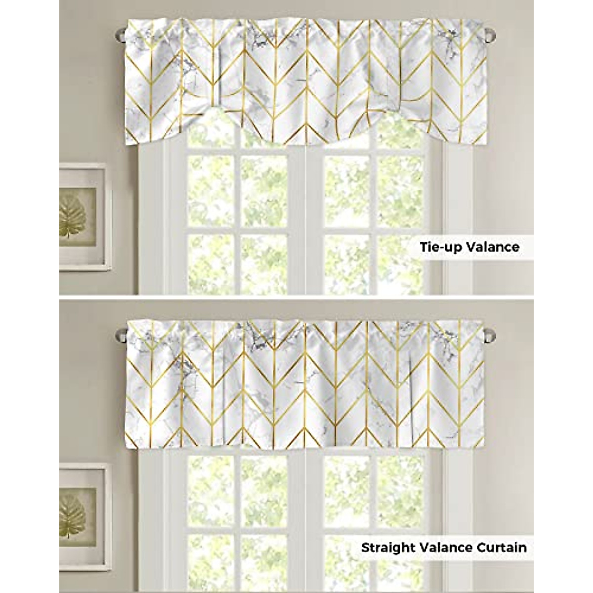 Tie Up Curtain Valance for Kitchen,White Marble Gold Stripes Geometric Window Valances Adjustable Tie-up Shade Valance,Abstract Herringbone Chevron Zigzag Rod Pocket Short Curtains Bathroom 42x18in