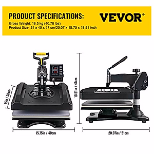 VEVOR Heat Press Machine, 15x15in 8in1 Heat Press, 800W Sublimation Machine, 360° Rotation Swing-Away Heat Press, Dual-Tube Heating Printing for DIY T-Shirts Cap Mugs (Black)