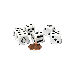 Set of 6 Penguin 16mm D6 Round Edged Koplow Animal Dice - White with Black Pips