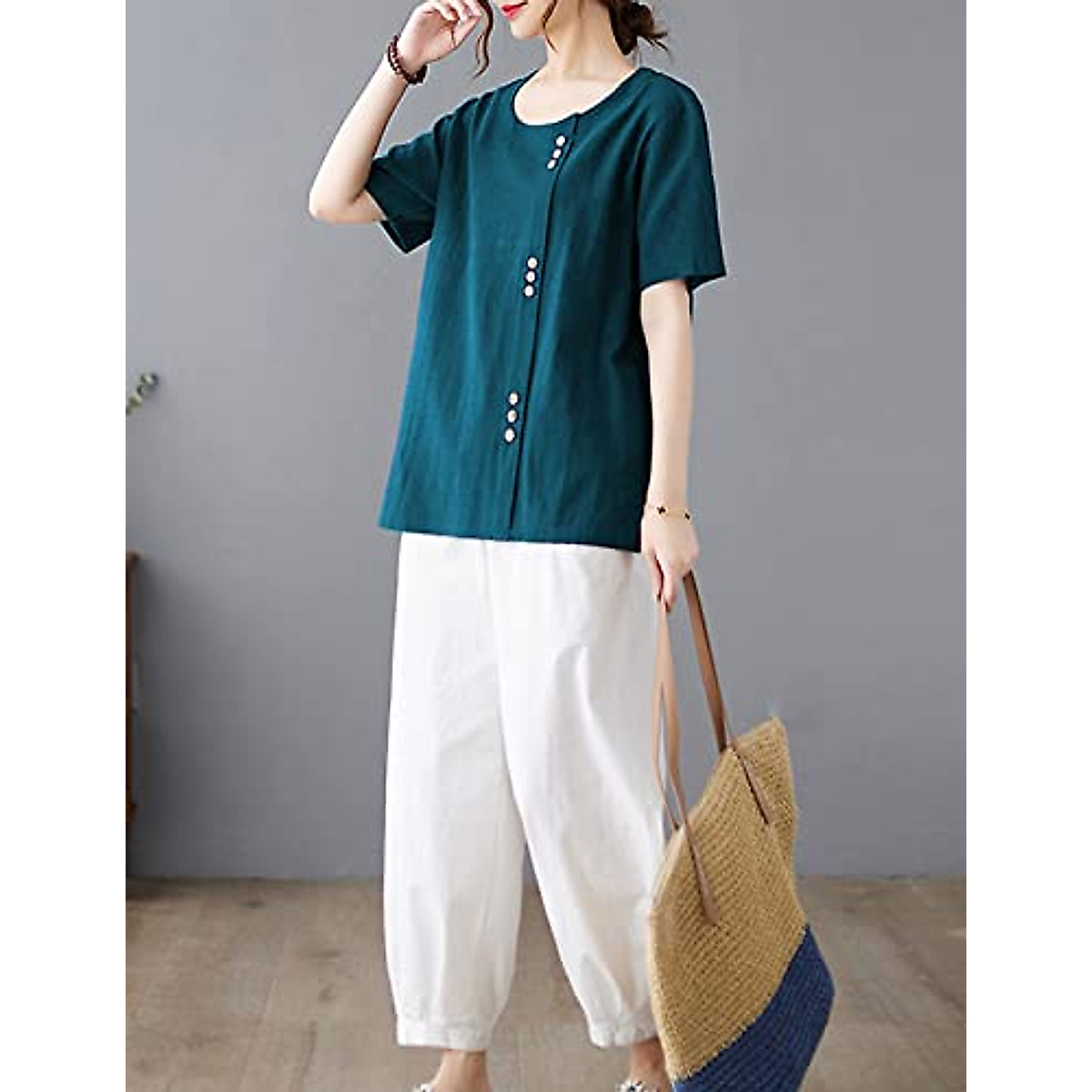 Yeokou Women Cotton Blend Crew Neck Short Sleeve Basic Tunic Tee Shirts Tops Blouse(Teal-XL)