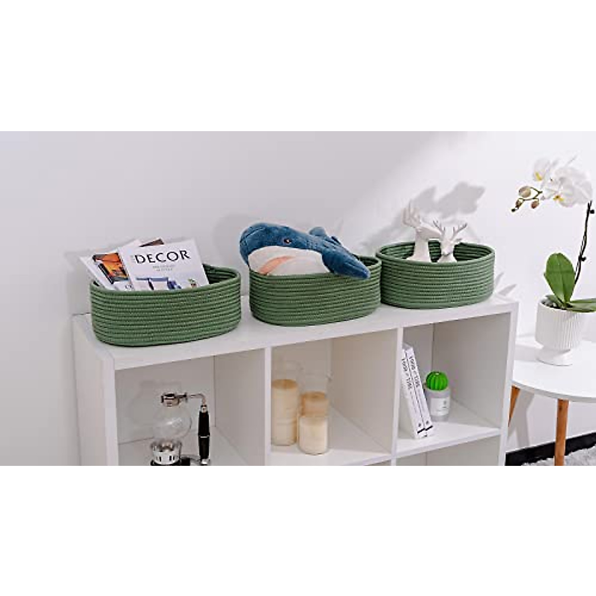 Kriitools Shelf Storage Baskets for Organizing|Decorative Basket for Closet Storage|Toy Baskets&Bins|Small Woven Rope Baskets-13x8.66x5.11’’,Durable&Stylish,Oval 3 Packs Green