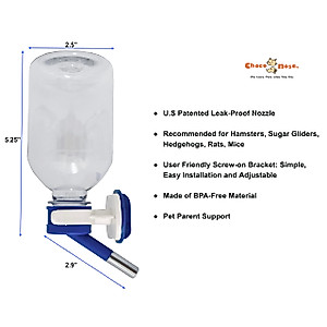 Choco Nose Patented Mini No-Drip Water Bottle/Feeder for Hamsters/Hedgehogs/Gliders/Rats/Mice/Other Small Pets and Animals - for Cages, Crates or Wall Mount. 10.2oz. Nozzle 10mm, Blue (C125)