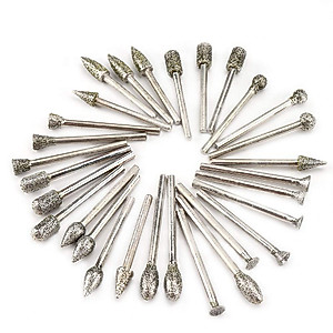 30Pcs Diamond Grinding Burr Drill Bit Stone Carving Rotary Tool Accessories Polishing Mix Set with 1/8 inch Shank, Diamond Coated Burr Bits Universal for Stone Glass Ceramics Engraving DIY Grinding