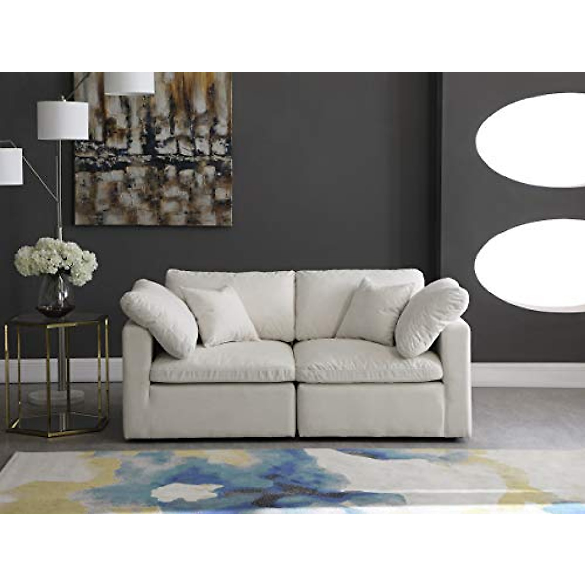Meridian Furniture Plush Collection Contemporary Down Filled Comfort Overstuffed Velvet Upholstered Modular Sofa, Seating for 1, Cream
