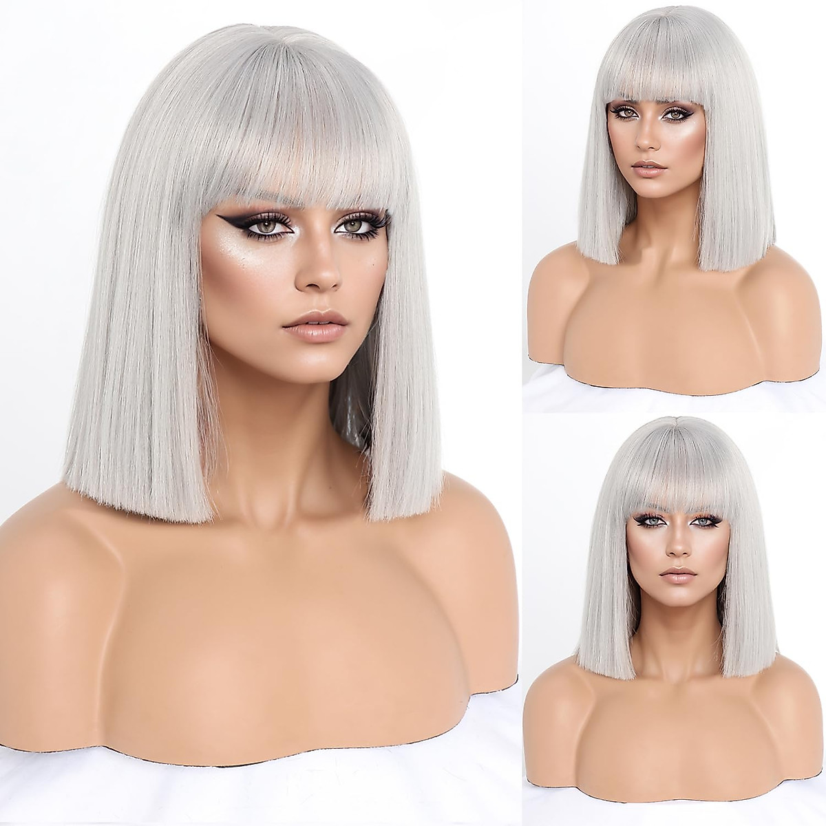 BESTUNG Short Silver Bob Wigs with Bangs,Short Straight Bob Silver Wigs for Women Hair Bob Cut Wig Shoulder Length Wig,Natural Looking Cosplay Daily Party Wig Halloween(12Inch)