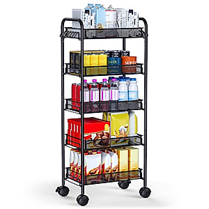 HomeHom Rolling Cart, 5-Tier Metal Rolling Storage Cart, Kitchen Storage Trolley with 2 Brakes, Utility Cart with Handles, Easy Assembly, for Bathroom, Kitchen, Office, Black