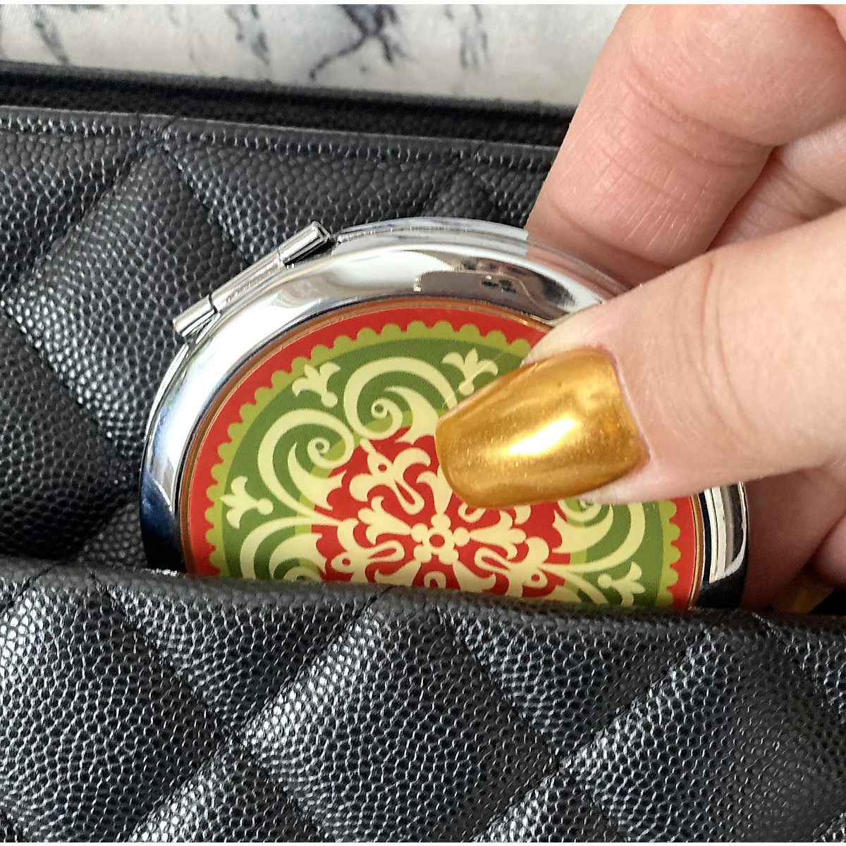 Azi 2 Classic Celtic Style Travel Pocket & Purse Mirror. 1 Round and 1 Square Double Sided Christmas Red & Green Irish Design Pattern Floral & Swirl