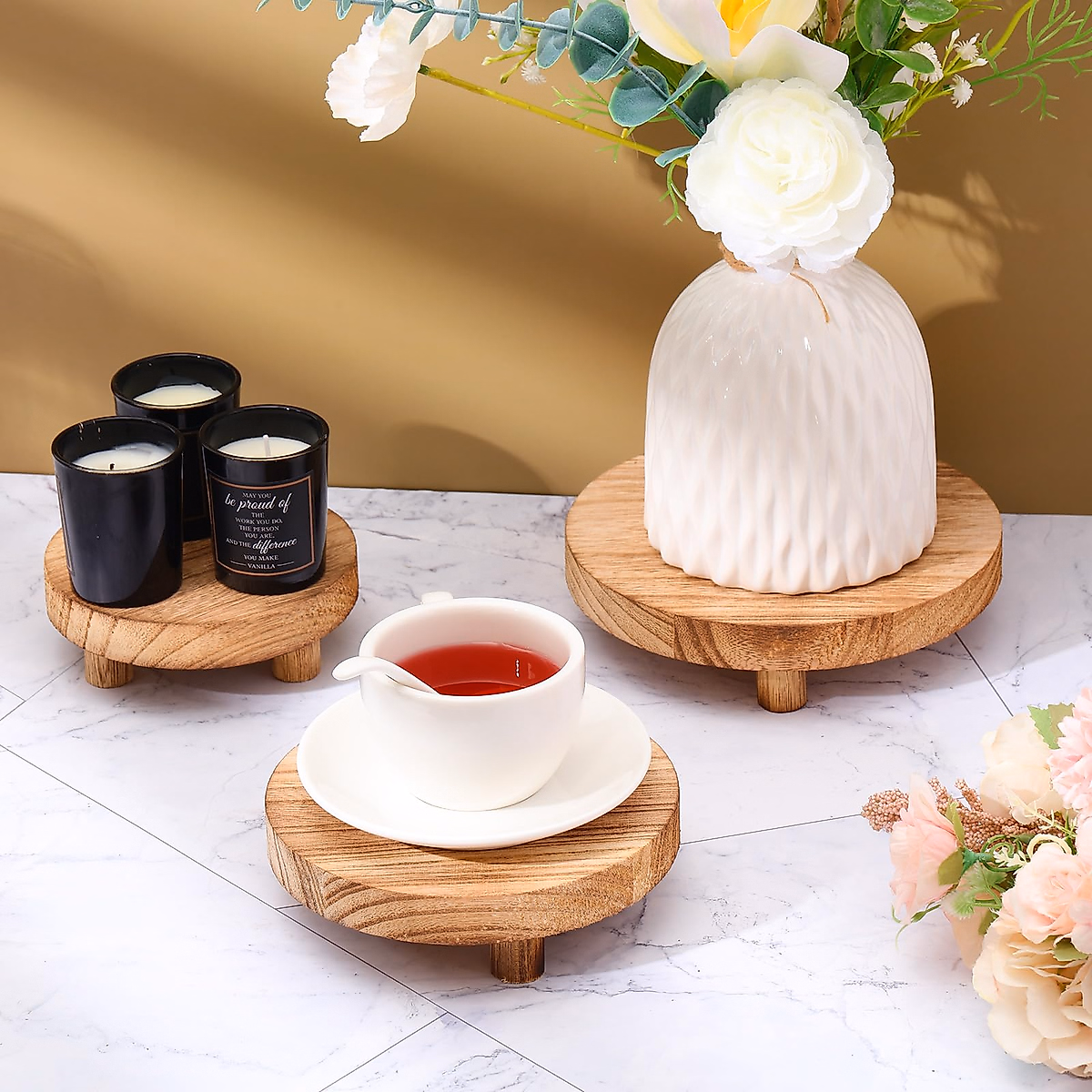 Geetery 4 Pcs Wooden Risers for Display Wood Pedestal Stand Mini Tray Stand Round Wooden Pedestal Holder Rustic Riser for Decor Tiered Tray Decor Home Kitchen, 4 Size(Light Brown)