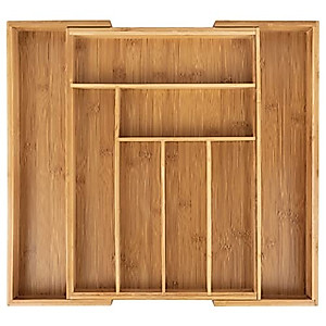 Bamboo Kitchen Drawer Organizer - Easily Adjust The Wooden Tray Width to Drawer Size, Deep Enough to Fit Entire Drawer and Accommodates Different Kitchen Utensil and Cutlery Sizes.