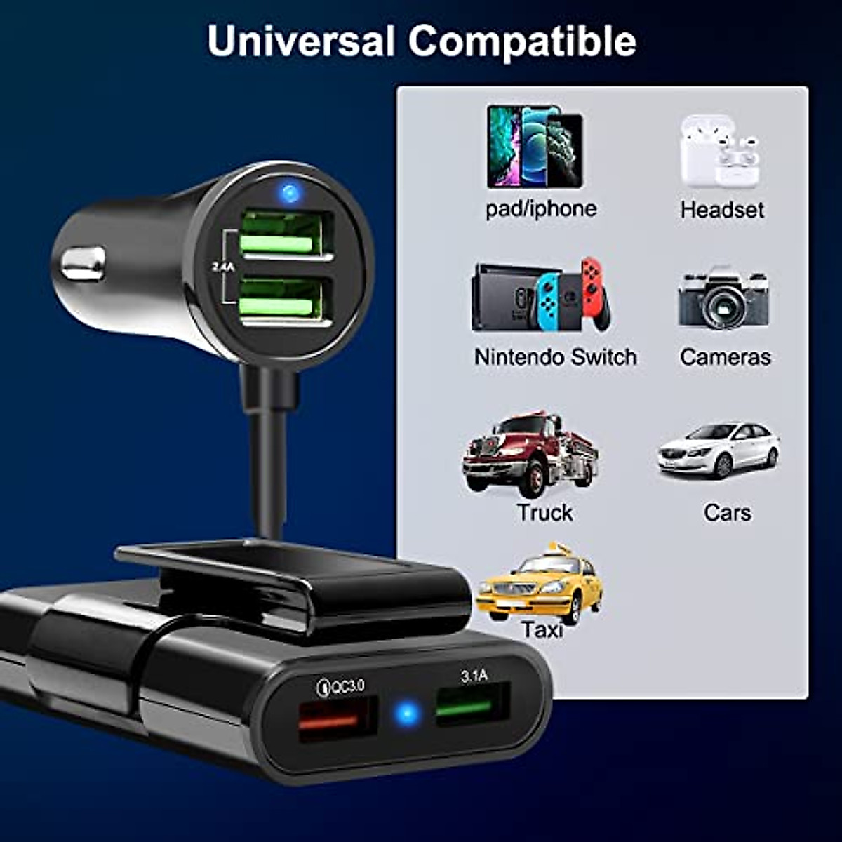 4 Multi Ports Car Charger, QC 3.0 Car Charger Adapter USB Car Charger for Smart Phone, Multi Cigarette Lighter Adapter Power Outlet Splitter Extender with 5FT Cable for Front and Back Seat Charging