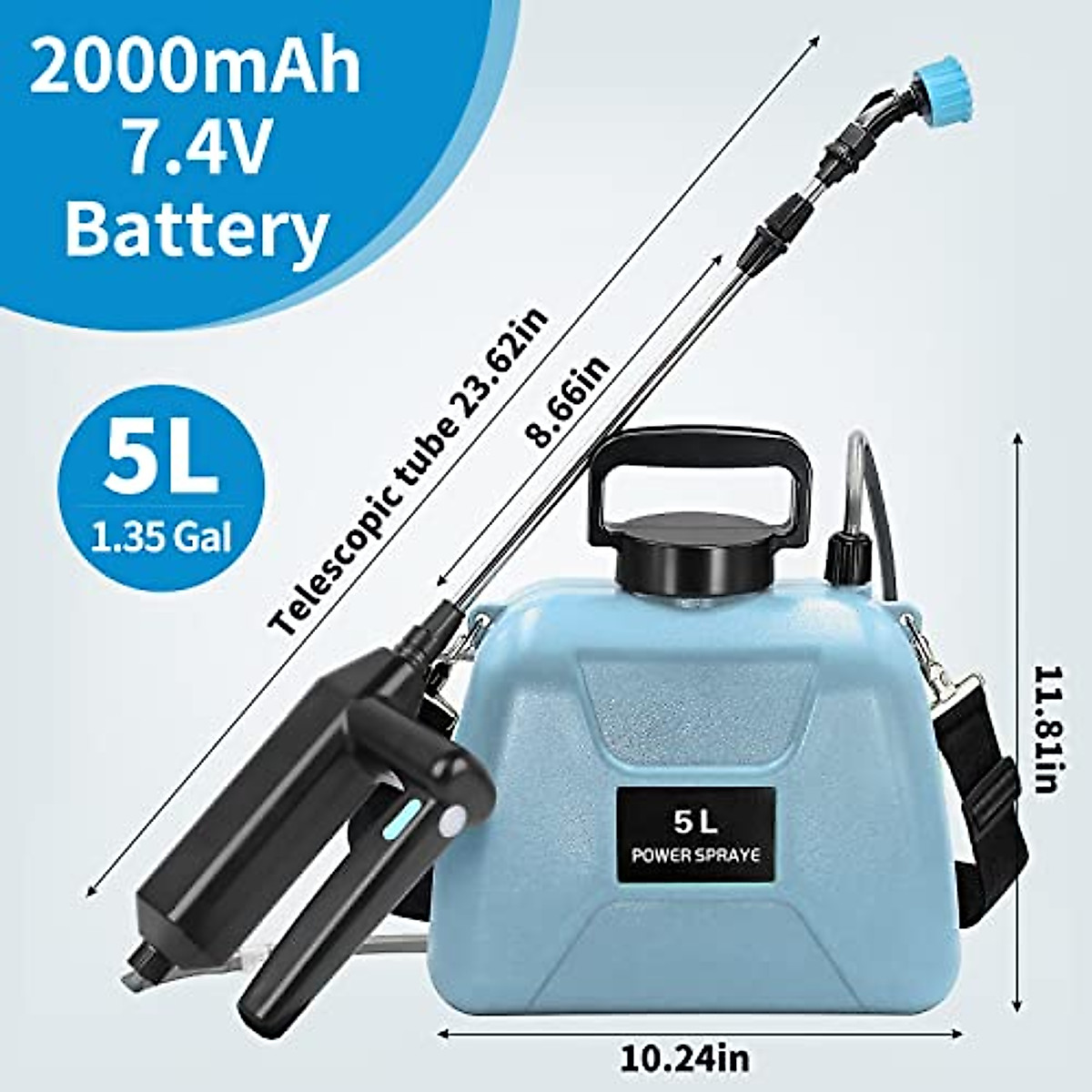 Electric Plant Sprayer, 1.35 Gallon/5L Battery Powered Sprayer with USB Rechargeable Handle, Potable Garden Sprayer with Telescopic Wand, Plant Sprayer for Yard Lawn Weeds Plants (Blue)