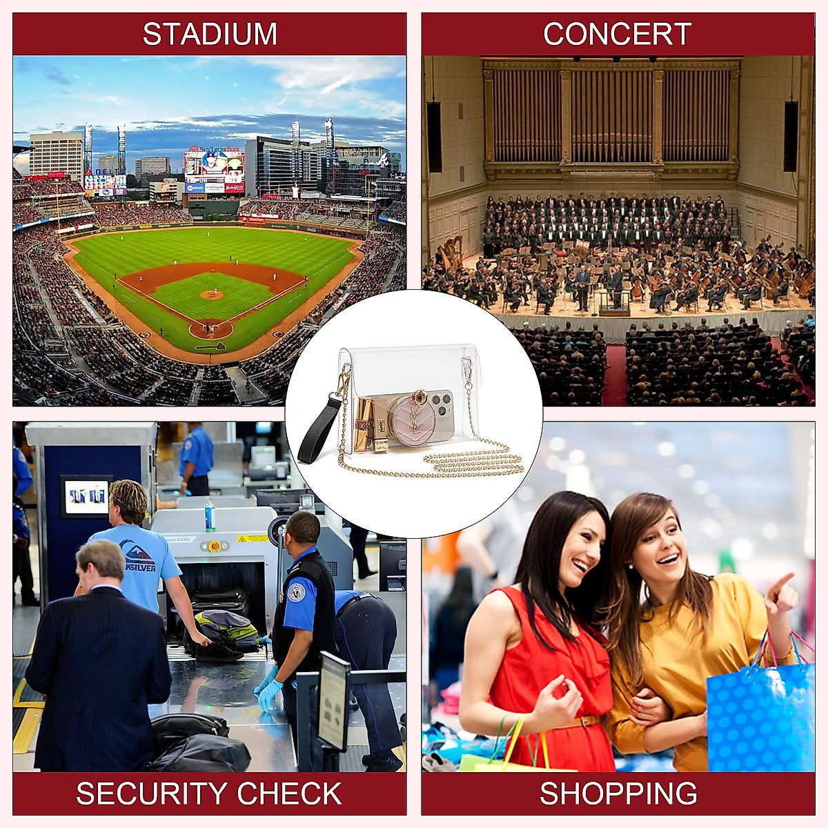 YikuStyle Clear Purse Stadium Approved,Small Clear Crossbody Bag for Women,See Through Handbag Clutch Shoulder Bag(Gold Chain)