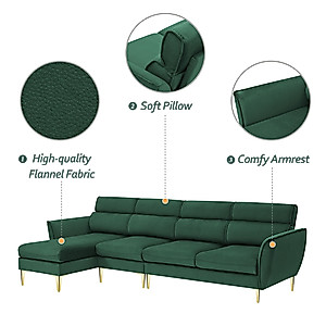 Prohon 111" L Shaped Convertible Sofa Left/Right Hande Chaise, Flannel Sectional Couch w/Gold Legs for Bedroom, Living Room, Green