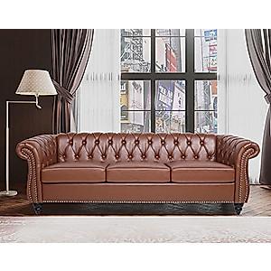HomSof 84" Rolled Arm Chesterfield 3 Seater Sofa Mid Century Modern Couch for Small Spaces, Brown PU Leather