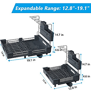 ROTTOGOON Dish Drying Rack, Stainless Steel Large Dish Rack, Expandable (12.8"-19.1") Dish Drainer with Swivel Spout, Utensil Holder, Cup Holder and Wine Glass Holder for Kitchen Counter Cabinet, Gray