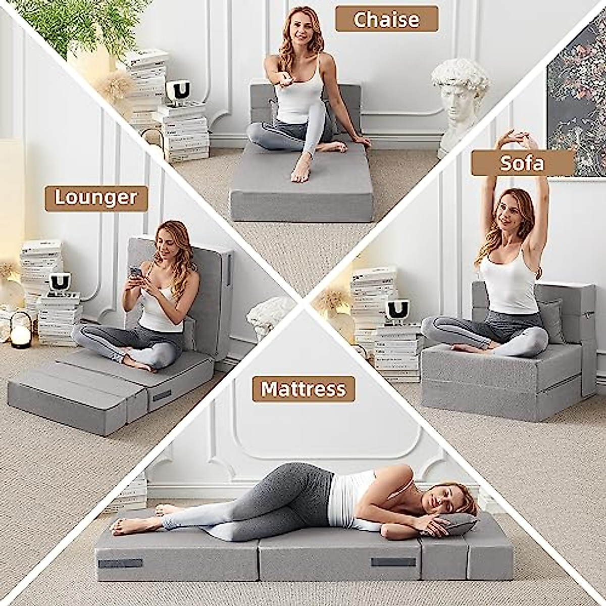 FILUXE Convertible Folding Sofa Bed - Sleeper Chair with Pillow, Modern Linen Fabric Floor& Futon Couch, Foldable Mattress for Living Room/Dorm/Guest Use/Home Office/Apartment, Single Size, Light Grey