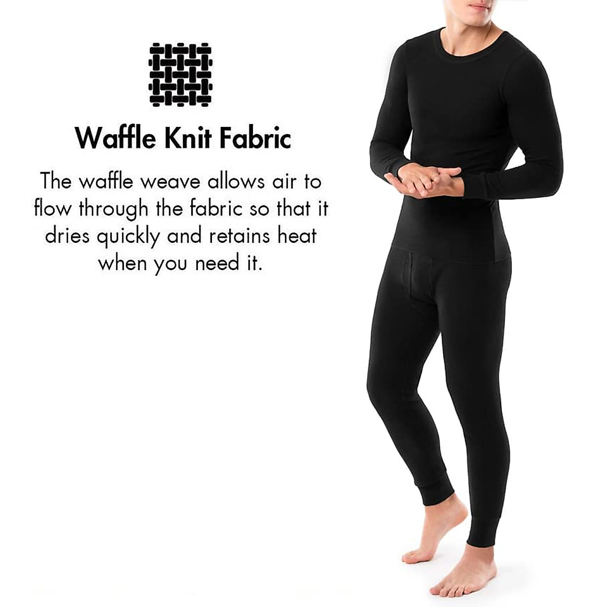 Nautica Men's Long Sleeve Base Layer Set Crewneck Waffle Thermal Underwear Top and Bottom Set (Black, X-Large)