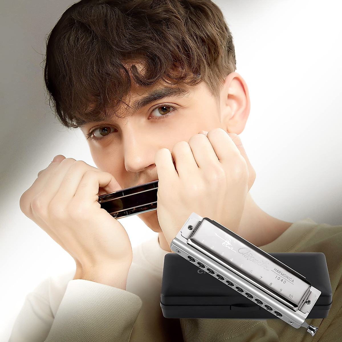 SWAN Chromatic Harmonica 10 Holes Deluxe Harmonica C Key with Slider and Valve - 10 Hole 40 Tone for Adults Beginners Students - Professional Harmonica Key of C, Polished Silver (SW1040-1)
