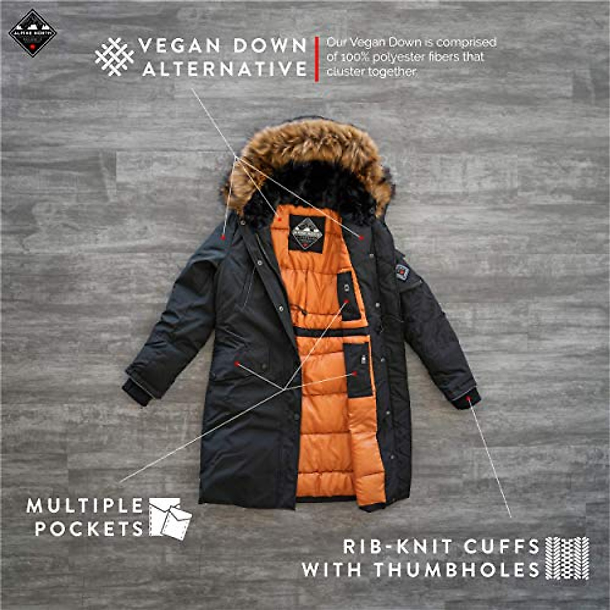 Alpine North Women's Vegan Down Long Parka Winter Jacket, Black, X-Small