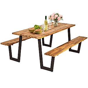 HAPPYGRILL Outdoor Picnic Table Bench Set with Wooden Top & Steel Frame, Patio Dining Picnic Table Set with Umbrella Hole for Garden Backyard