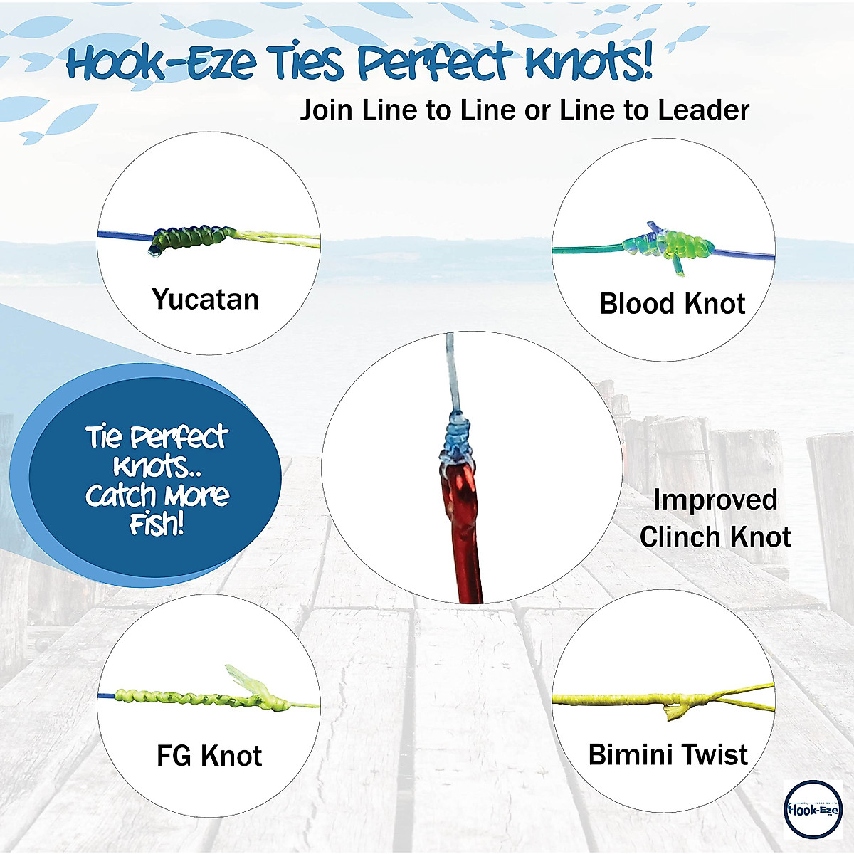 HOOK-EZE Quick Fishing Knot Tying Tool (Pack of 3), Standard Size - Easy Tying Fishing Hooks Cover - Line Cutter - Ideal for Saltwater & Freshwater Fishing - Blue, Green & Yellow