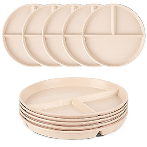9-Inch Wheat Portion Control Plate, 5-Piece Unbreakable Plastic Adult Portioning Plate, Dishwasher Safe/Reusable, 3 Sections Of Round Kids Separate Plates For Healthy Eating And Weight Loss (Beige)