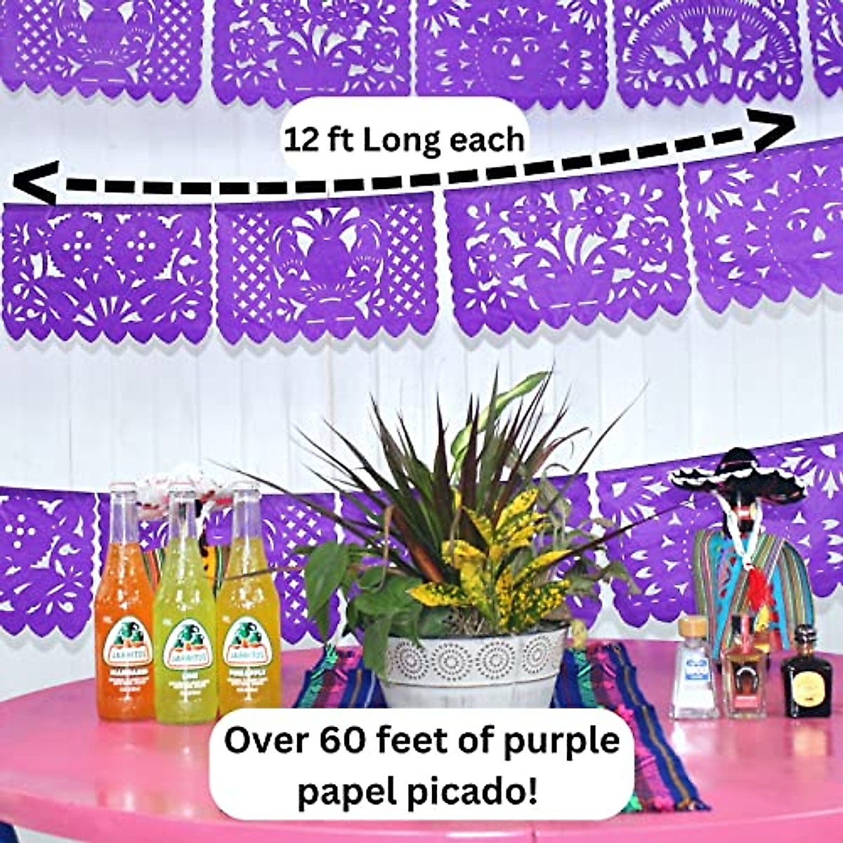 Purple Papel Picado Flags 5 PK, 60 ft Long purple tissue PAPER garlands, Mexican Banner Decorations for Weddings, Quinceaneras, Birthdays, Fiesta party supplies, WS2010