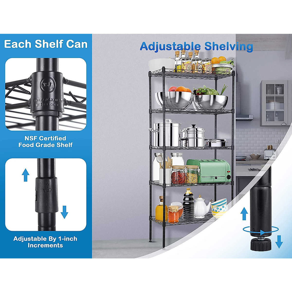 5-Tier Metal Wire Shelving Unit Snack Shelf Height Adjustable Storage Rack NSF Certified Storage Shelves 750 Lbs Capacity Standing Utility Shelf for Laundry Kitchen Pantry Garage Organization