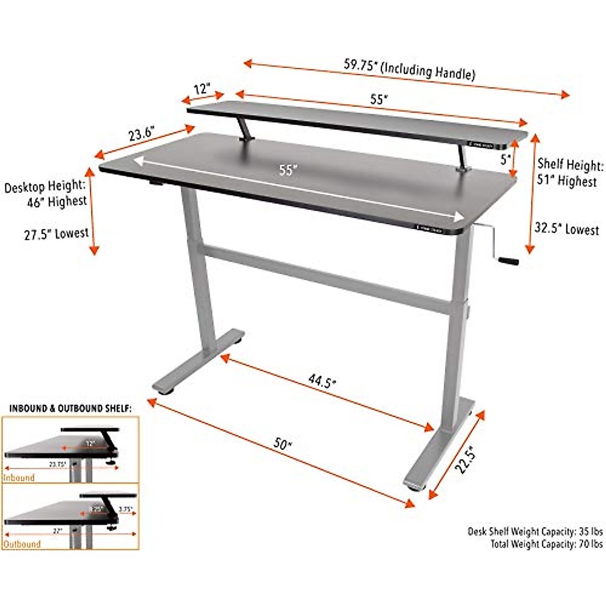 Stand Steady Tranzendesk 55 in Standing Desk with Clamp On Shelf | Easy Crank Height Adjustable Stand Up Workstation w/Attachable Monitor Riser | Holds 3 Monitors & Adds Desk Space (55/Silver Base)