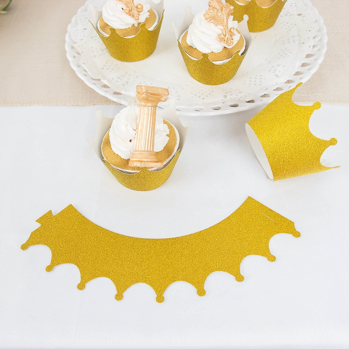 TABLECLOTHSFACTORY 25 Pack | Gold Glitter Crown Paper Cupcake Wrappers, Muffin Paper Cup Liners