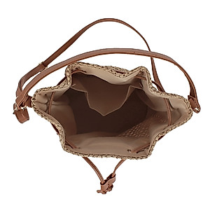 Van Caro Shoulder Bucket Bag Straw Tote StrawHandwoven Drawstring Beach/Crossbody Bag for Women,Light Coffee