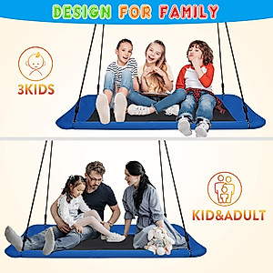 700lb Giant Platform Swing for Kids Adults with 2 Hanging Straps, Flying Saucer Tree Swing Set for Backyard Outdoor Indoor, Durable Steel Frame, Waterproof, Adjustable Swivel Ropes (Blue, Rectangle)