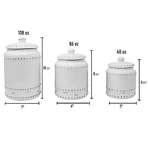 Kovot 3 Piece Ceramic Canister Set With Air-Sealed Lids & Bonus Decal Labeling Stickers - Ivory White With Antique-Style Finish 3 Sizes (108oz, 86oz, & 40oz)