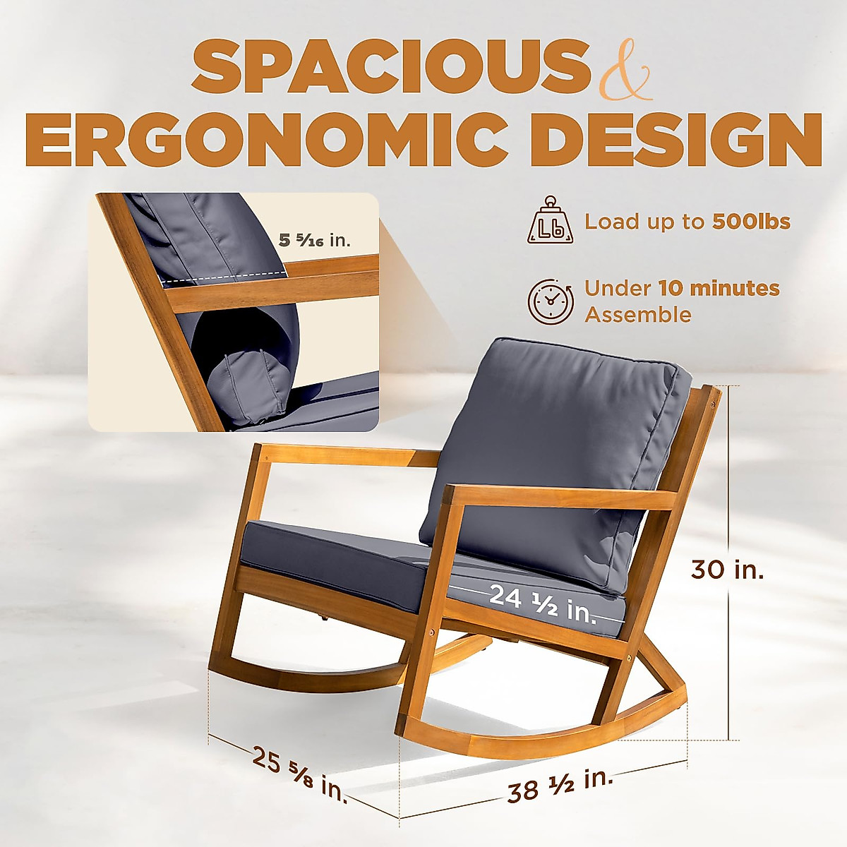 IDZO Heavy Duty Club Rocking Chairs 500lbs Capacity with Inclined Backrest, Thick Foam Cushion, Solid Acacia Wood Rocker for Patio, Backyard, Balcony, Porch, Grey