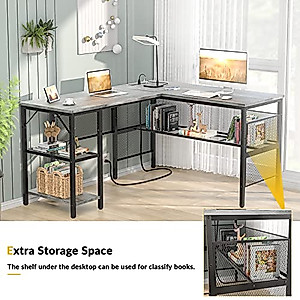 Unikito L Shaped Desk with USB Charging Port and Power Outlet and Office Lateral File Cabinet White Oak