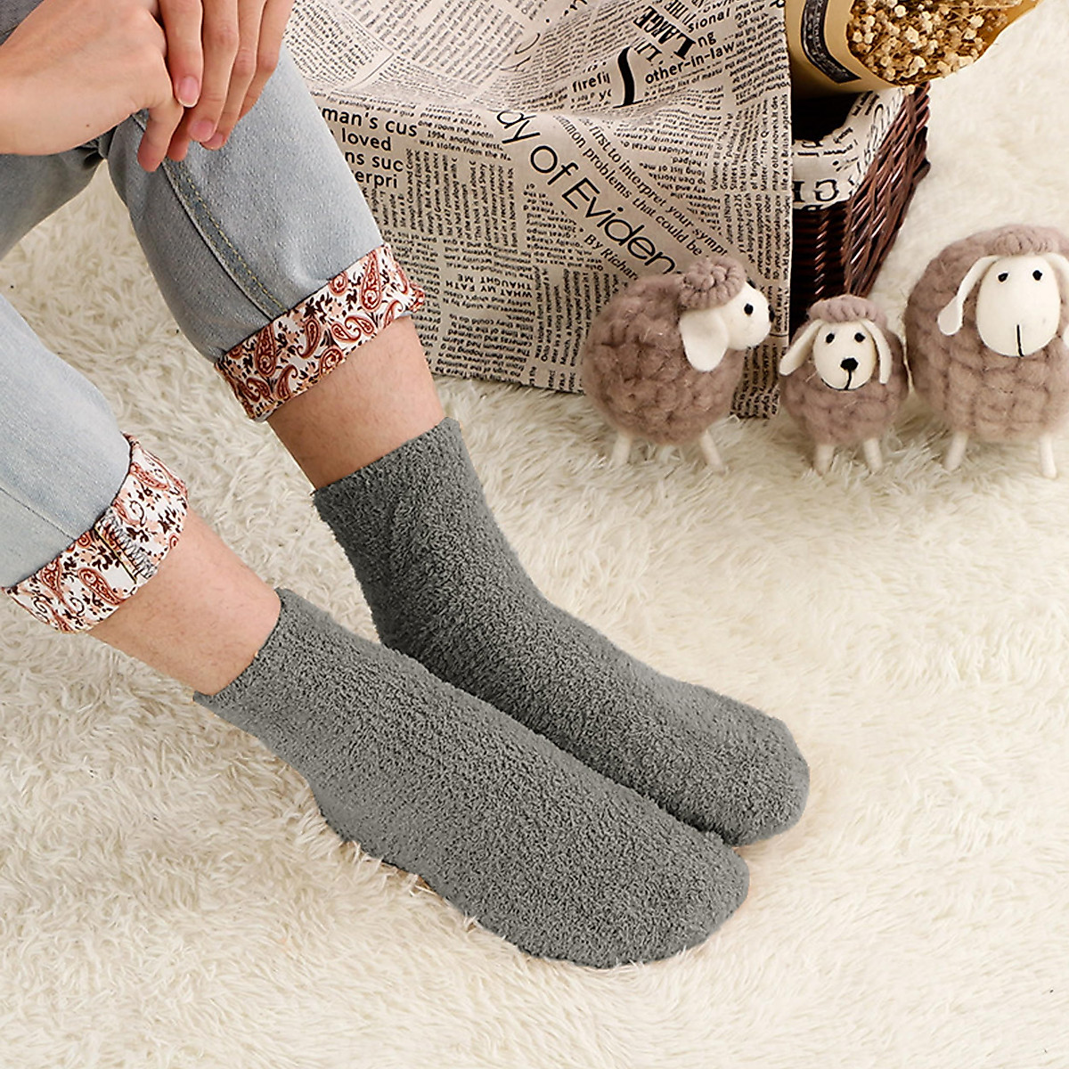 OVOV 3 Pairs White Fuzzy Socks Men Fluffy Socks Winter Warm Cozy Slipper Socks for Men Soft Comfy Fleece Sleep Socks