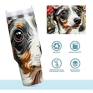 Adorable Dog with Flower Garland Soft Tumbler With Handle And Straw 30-40oz Insulated Tumbler Cups With Lid Stainless Steel for Cold Water and Drinks for School Work Sports Car Travel and Weekends