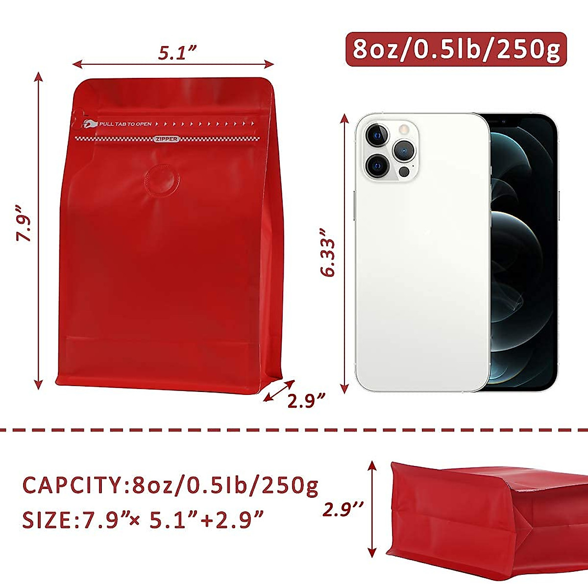 REMTAP Coffee Bags with Valve (50pcs,8oz) Red High Barrier Aluminumed Foil Flat Bottom Standing Coffee Beans Storage Bags,Reusable Heat Sealable Side Zipper Pouches for Home or Store