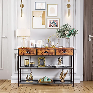 Furologee Entryway Table, 38'' Console Sofa Table with 3 Fabric Drawers, Industrial Entry Way Table with Storage Shelves, Display Shelf for Living Room, Hallway, Entrance, Foyer, Rustic Brown