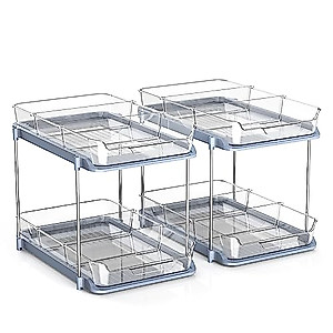 2 PCS Under Sink Organizers and Storage - 2 Tier Clear Bathroom Organizer Countertop, Multifunction Pull out Cabinet Organizer with 4 Movable Dividers, For Home, Kitchen, Office, Cabinet