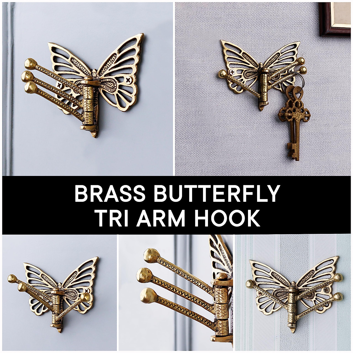 Indian Shelf Brass Butterfly Swivel Tri Arm Hook Foldable Decorative Wall Hooks 3 Prong Wall Hooks Vintage Towel Hooks Gold Coat Hooks Robe Hook Folding Coat Hooks Hangers