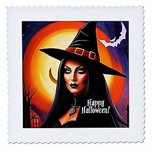 3dRose Classy Witch Woman. Large Moon. Happy Halloween Greeting Card... - Quilt Squares (qs-378860-6)