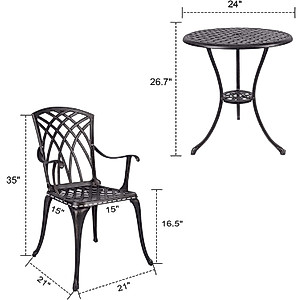 Polar Aurora 3 Piece Patio Bistro Set Cast Aluminum Bistro Table Set Outdoor Round Dining Table with Umbrella Hole for Porch, Lawn, Garden, Backyard, Pool,Bronze