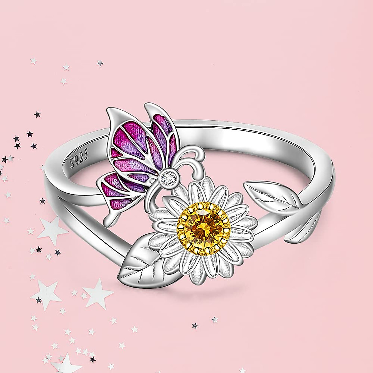 Fenthring Daisy Ring Butterfly Gifts for Women Flower Jewelry Sunflower Sterling Silver Engagement Dainty Cubic Zirconia Cute Rings Size 7