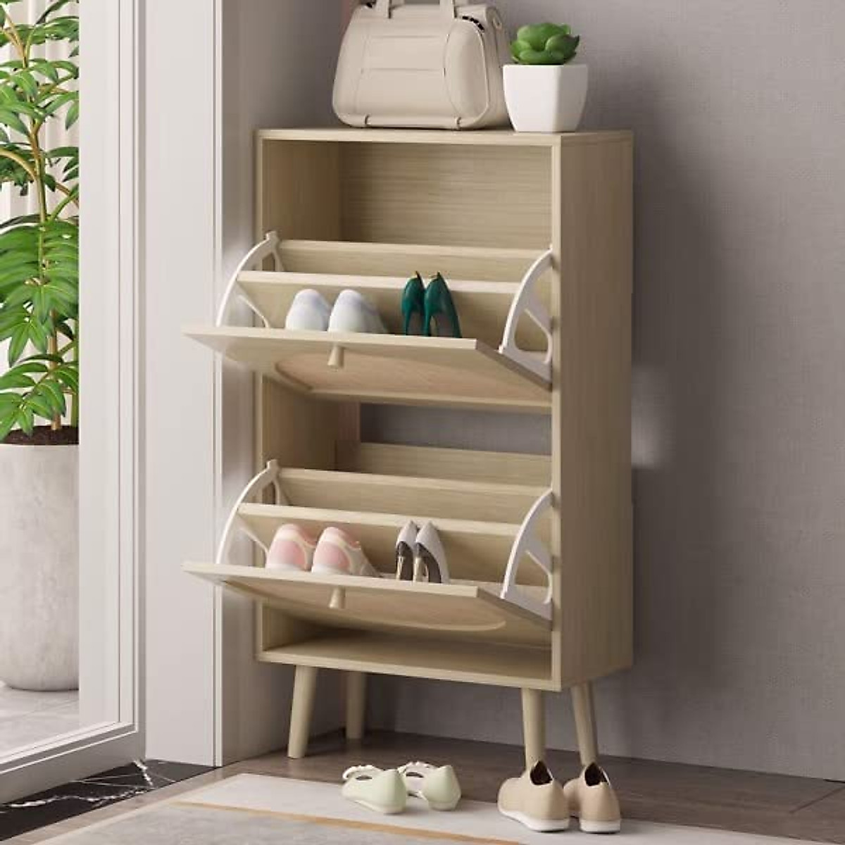 Wekity 2 Drawers Shoe Cabinet Rattan Shoe Rack Shoe Storage Cupboard Organizer Unit (Log Color)